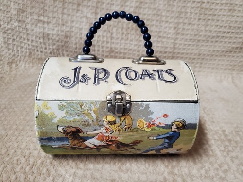 J&P Coats Tin Sewing Thread Purse - Latch Closure, Bead Handle, w ...