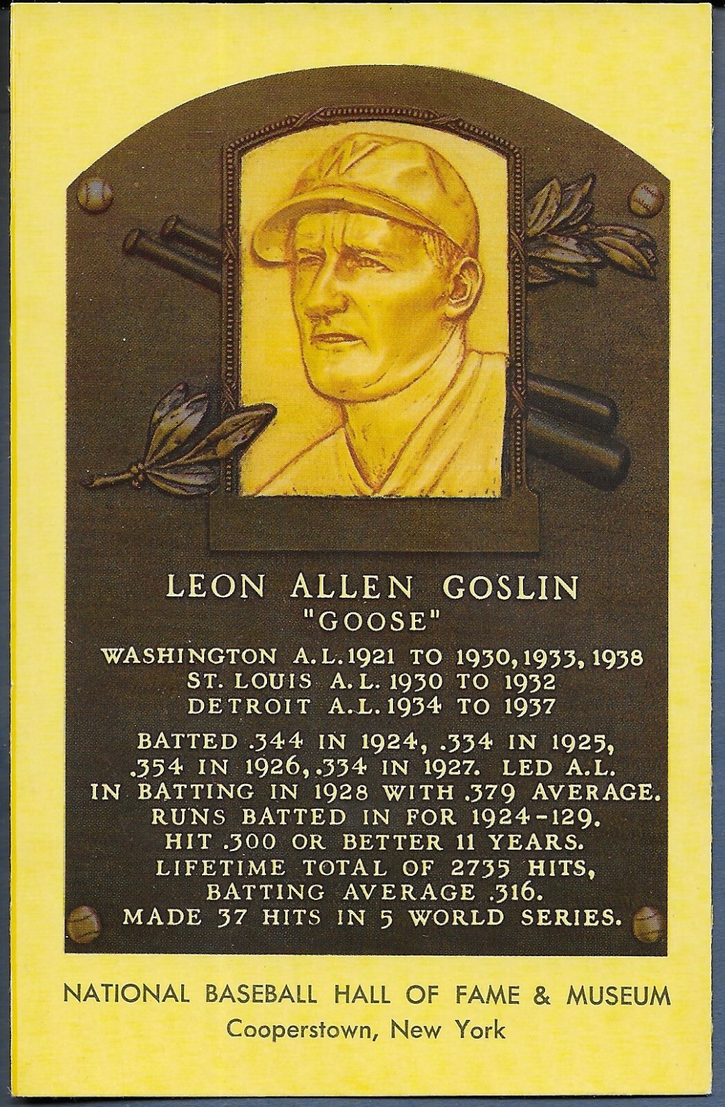 Leon Allen (GOOSE) Goslin - Cooperstown Hall of Fame Plaque Postcard | eBay