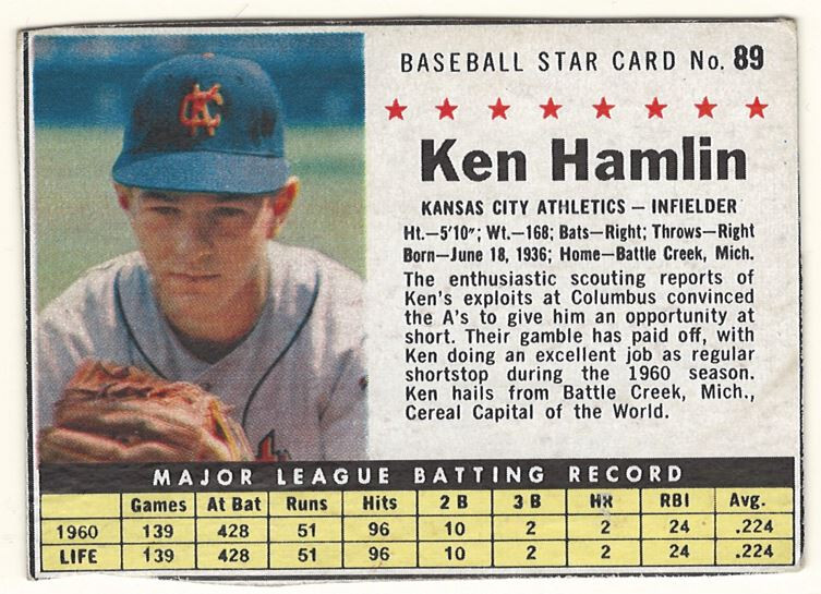 1961 Post - Perforated, Sold to Los Angeles Angels, AL in 1960. #89 Ken ...