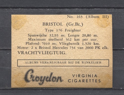 Bristol Type 170 Freighter Vintage Aircraft Croydon Trading Card 1950's ...