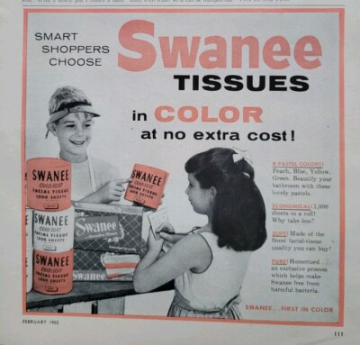 1955 Swanee Bathroom toilet tissue paper in color 4 pastels vintage ad ...