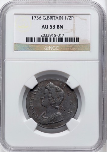 ENGLAND GEORGE II 1736 1/2D HALF PENNY COIN, ALMOST UNCIRC., NGC ...