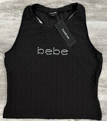 Bebe Ribbed Rhinestone Bling Logo Tank Top Stretchy Jet Black Size XL ...