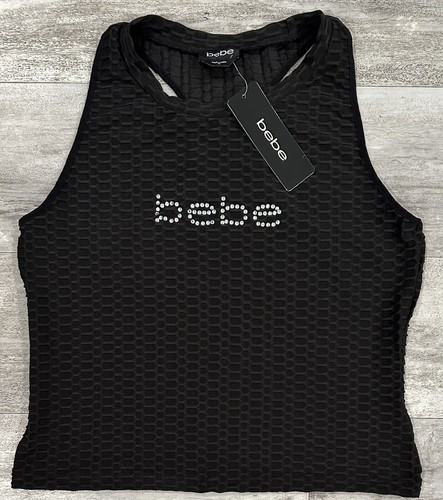 Bebe Ribbed Rhinestone Bling Logo Tank Top Stretchy Jet Black Size XL ...