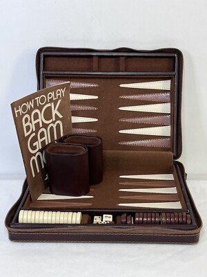 Vintage Backgammon game travel set faux leather case 9" x 7" size zip ...