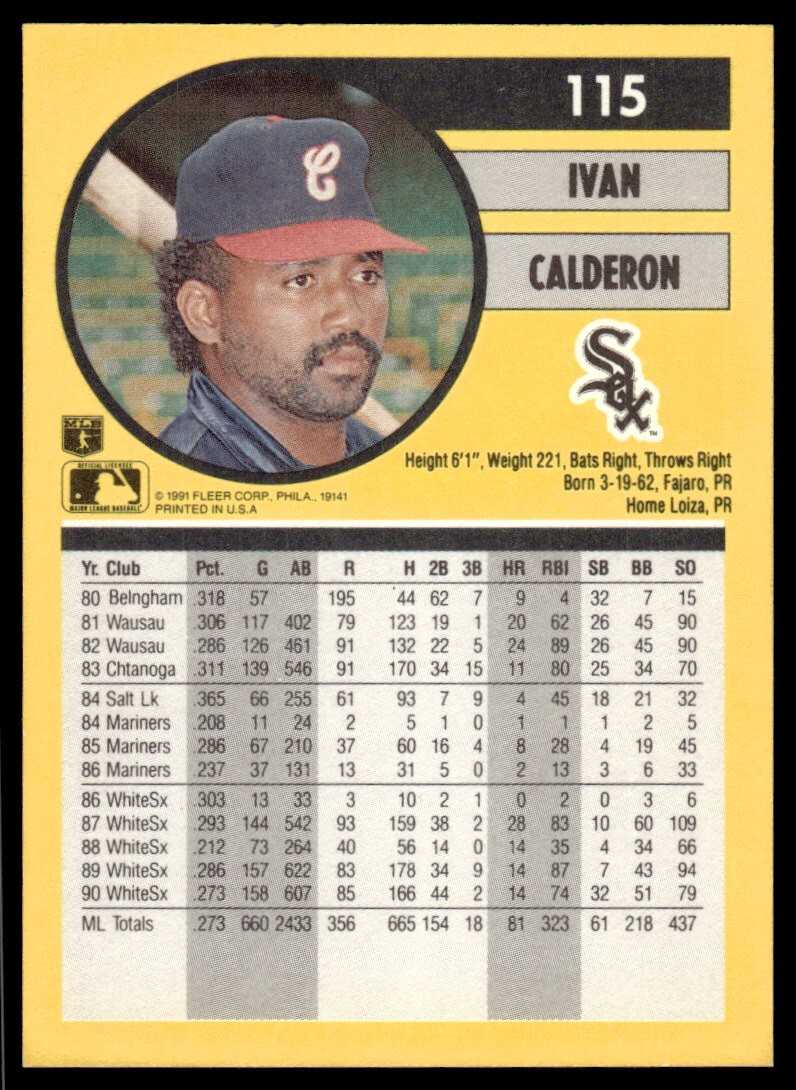 1991 Fleer Baseball Card Ivan Calderon Chicago White Sox #115 | eBay