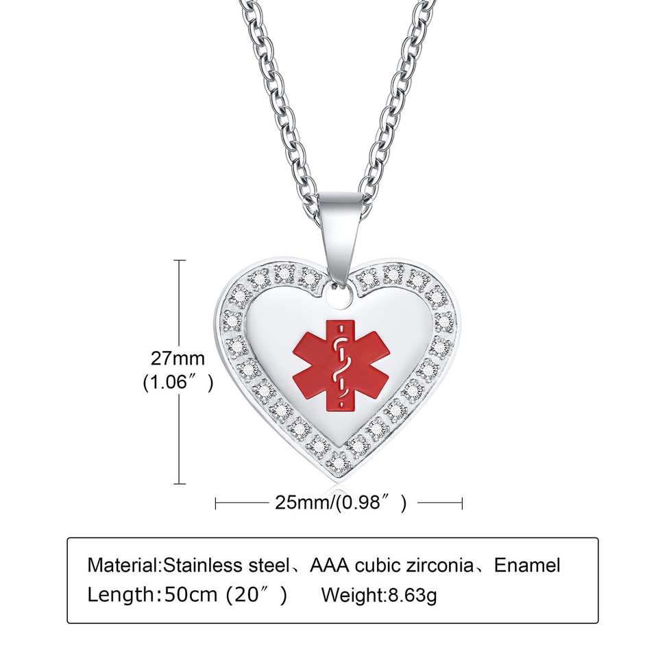 Men Women Zircon Medical Alert ID Necklace Stainless Steel Pendant Free ...