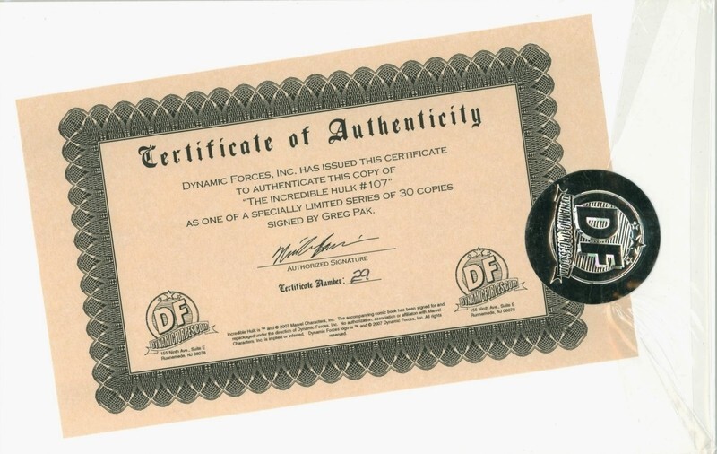 INCREDIBLE HULK 107 DYNAMIC FORCES SIGNED GREG PAK DF COA LE 30 WORLD ...