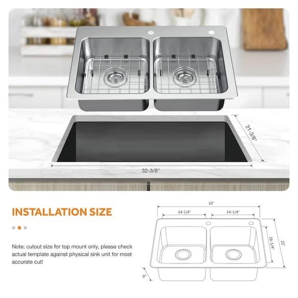 Glacier Bay Bratten 33" Double Bowl 18G Stainless Steel Sink w ...