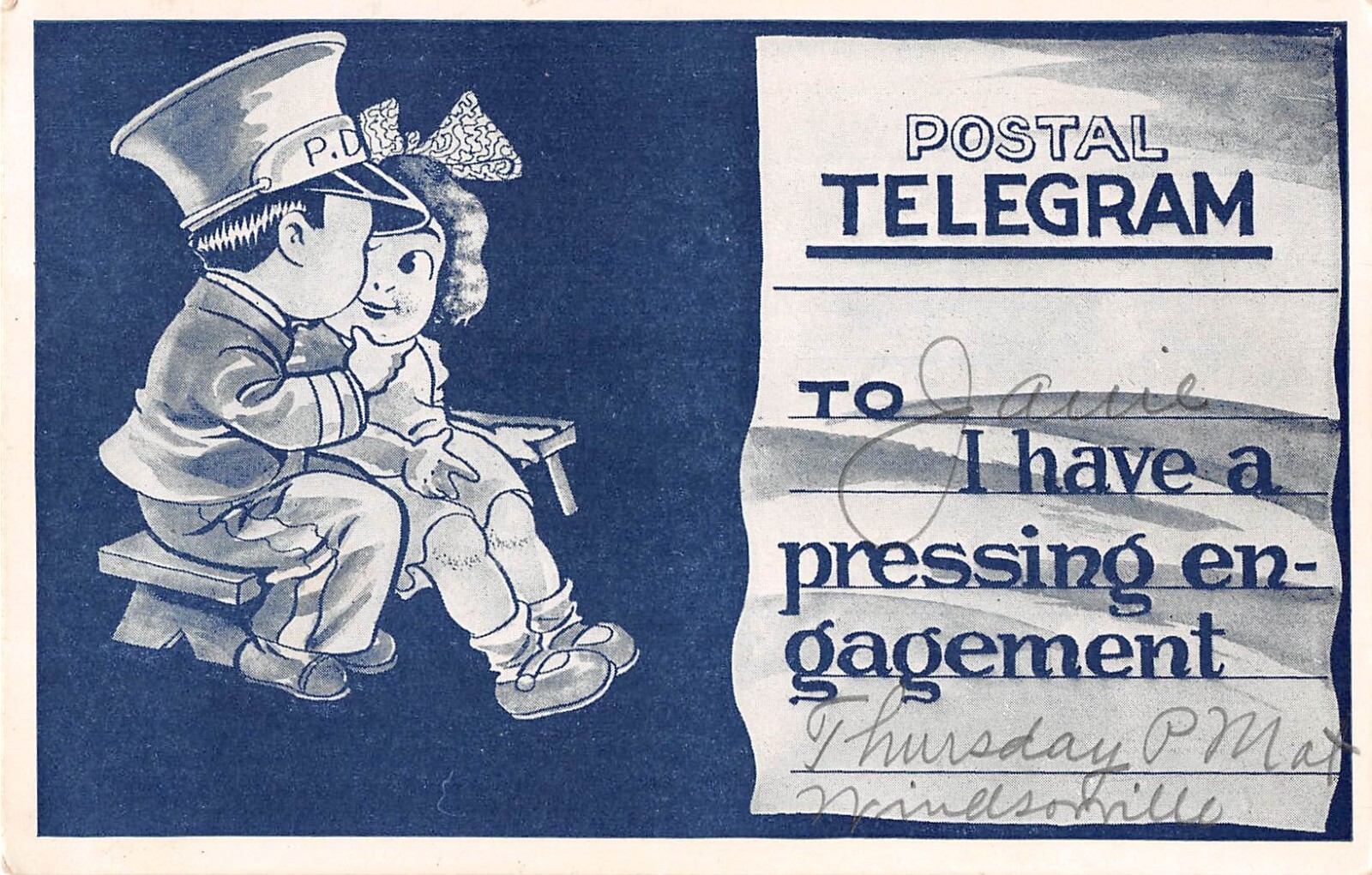 1913 Comic Postcard of Little Mailman Bringing Postal Telegram to ...