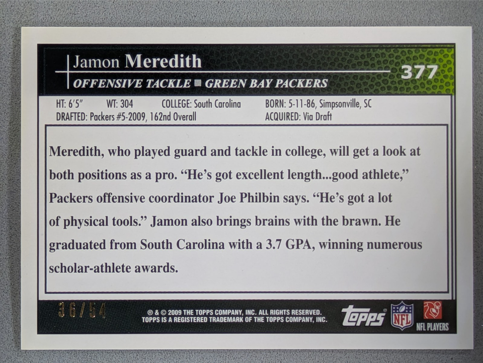 2009 Topps Black - Jamon Meredith #377 (RC) Packers Rookie /54 | eBay