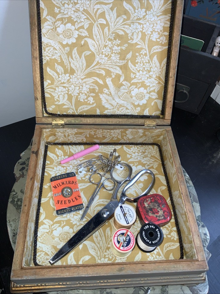 Vintage Wooden Upcycled Sewing Box with Contents Raised Details Floral ...