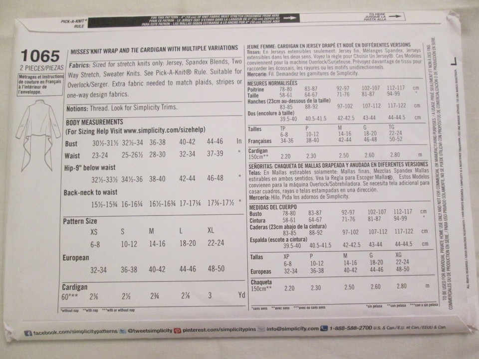 Simplicity 1065 Easy to Sew Wrap Twist & Tie Cardigan Sweater Pattern ...