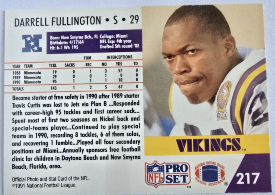 Darrell Fullington, 1991 Pro Set, Minnesota Vikings, Safety, Card # 217 ...