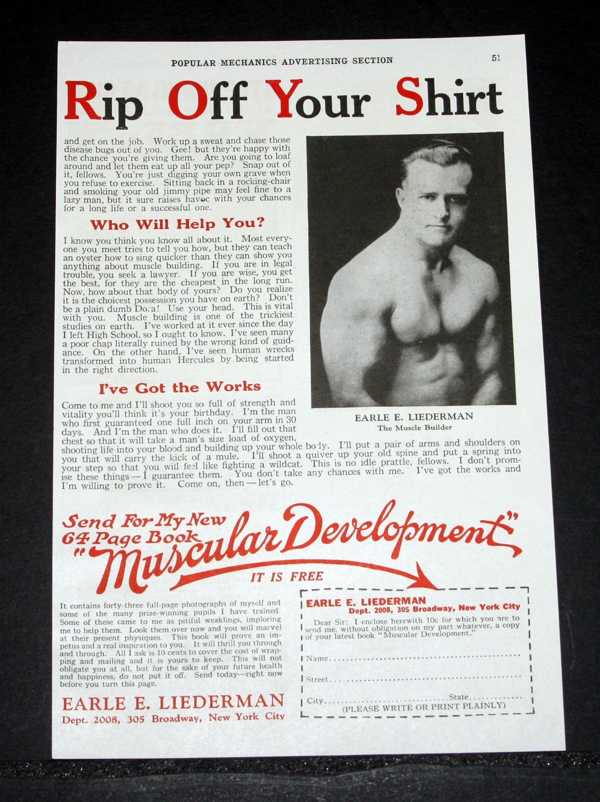 1924 OLD MAGAZINE PRINT AD, EARLE LIEDERMAN MUSCULAR DEVELOPMENT, RIP ...