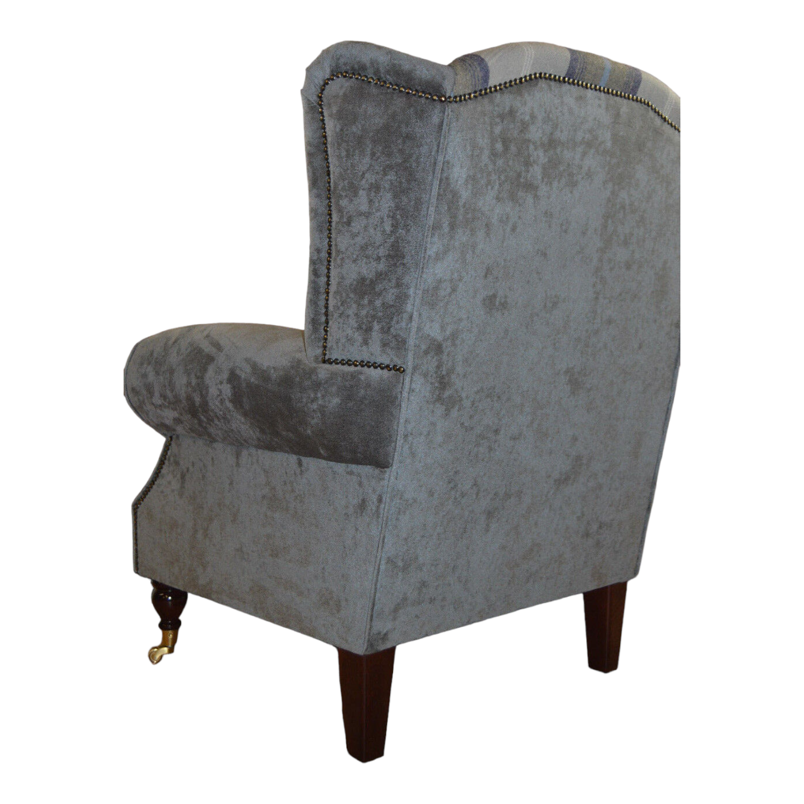 Wing Back Queen Anne Accent Chair Blue Tartan Seating Area & Plain Grey ...