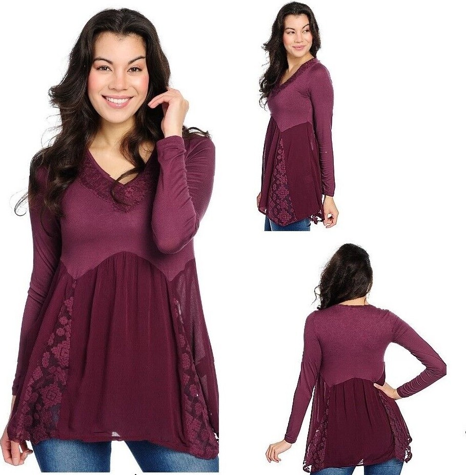 Kate & Mallory Mixed Media Long Sleeve 4-Point Hem Godet Top Grey or ...