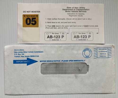 RARE New Jersey 2003 License Plate Registration Sticker + ENVELOPE ...
