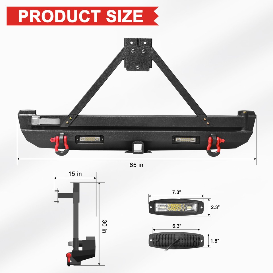 Steel Rear Bumper W/Spare Tire Carrier LED Lights For 1984-2001 Jeep ...