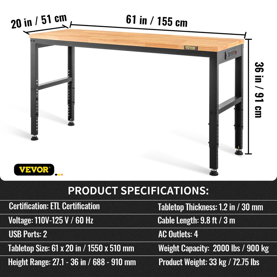 Adjustable Height Workbench 61"L x 20"W Work Bench Table w/ Power ...