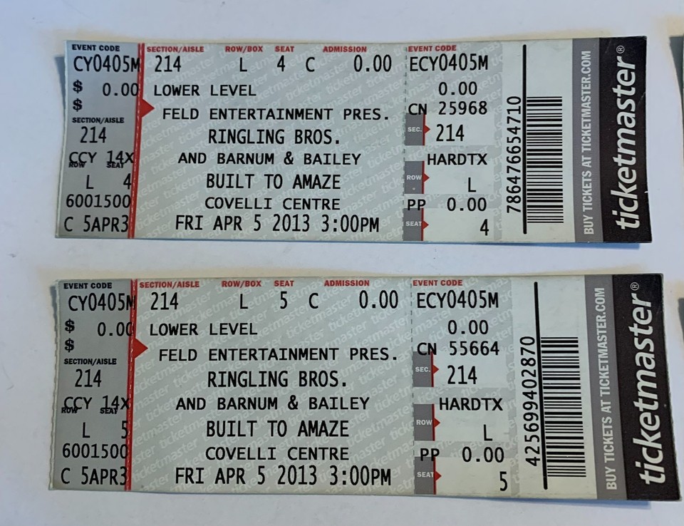 Ringling Bros. Barnum & Bailey Circus April 5, 2013 tickets Lot ...