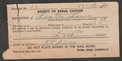 RURAL CARRIER MONEY ORDER RECEIPT 1961 ALDENS | eBay