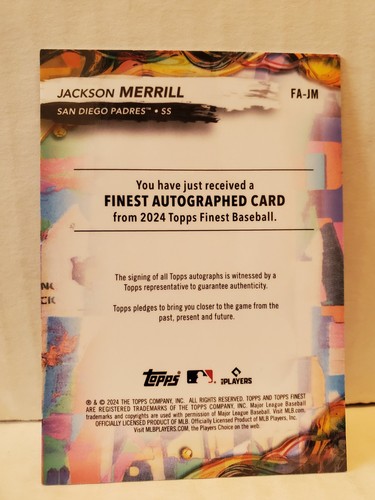 Jackson Merrill 2024 Topps Finest Signed On-Card Auto Rookie San Diego ...