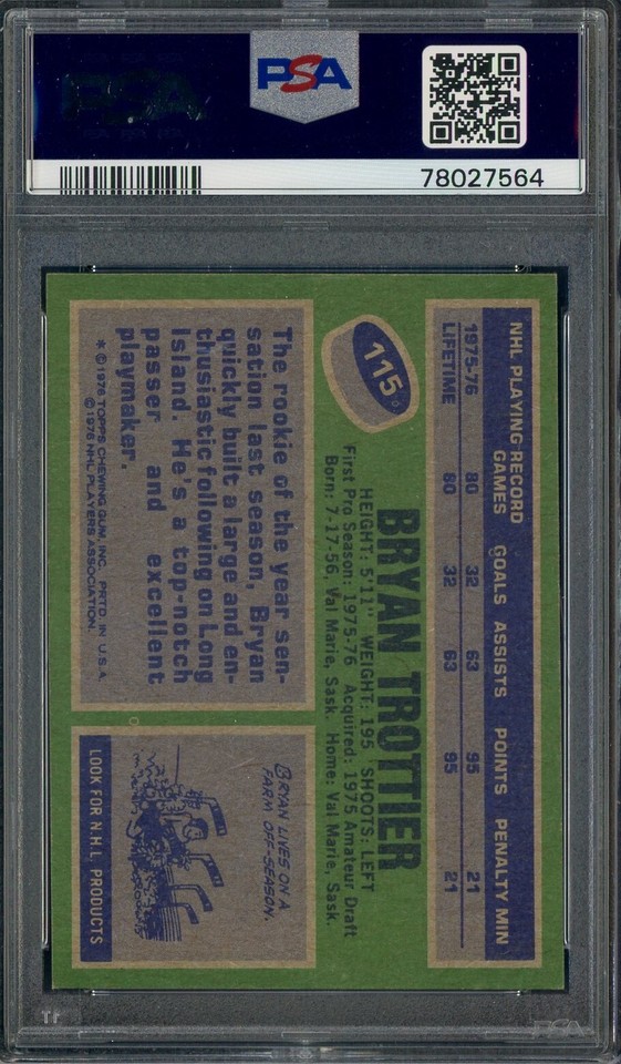 1976 Topps Hockey #115 Bryan Trottier Islanders RC Rookie HOF PSA 8 NM ...