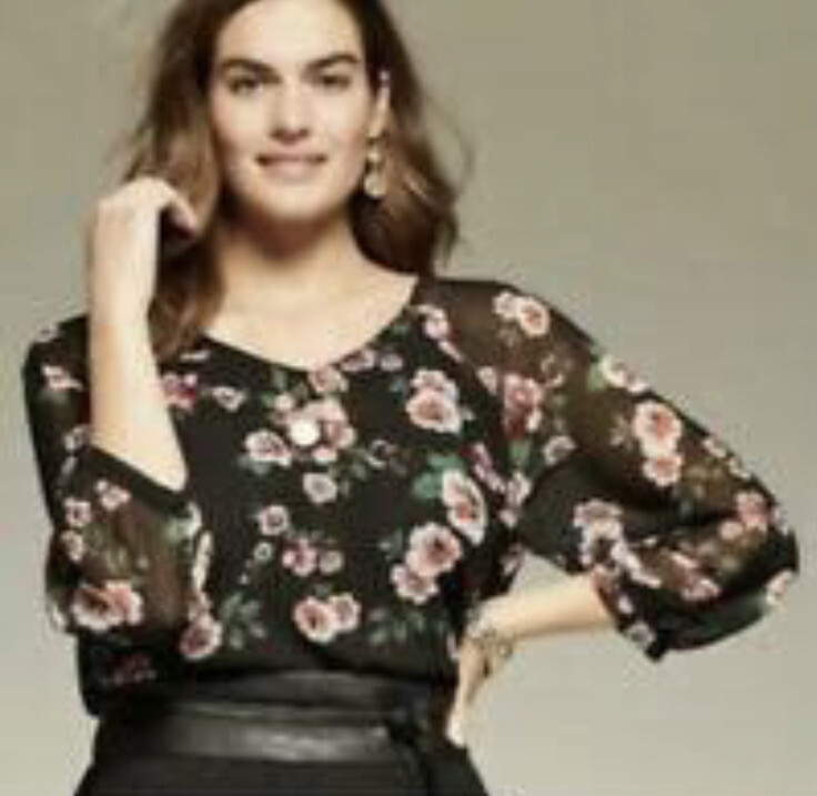 Cabi Garden Blouse Black Layered Sheer Floral Print T… - Gem