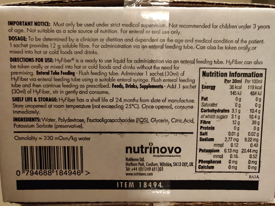 25 HyFiber Sachets Liquid Fibre Supplement Mild Citrus 30ml Nutrinovo ...