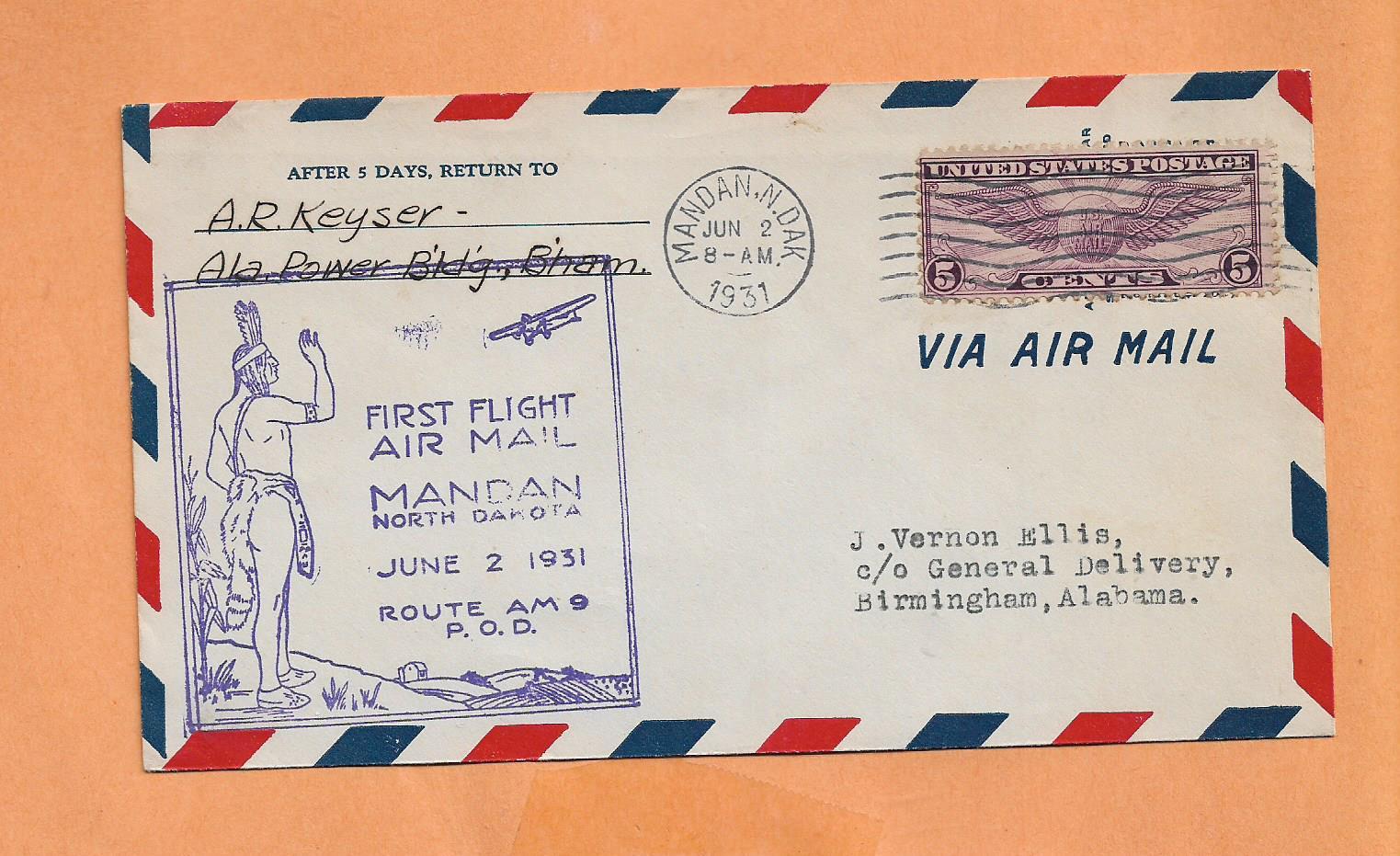 US # C16 FIRST FLIGHT AM 9 MANDAN N.DAK TO BIRMINGHAM ALA JUN 2,1931 | eBay