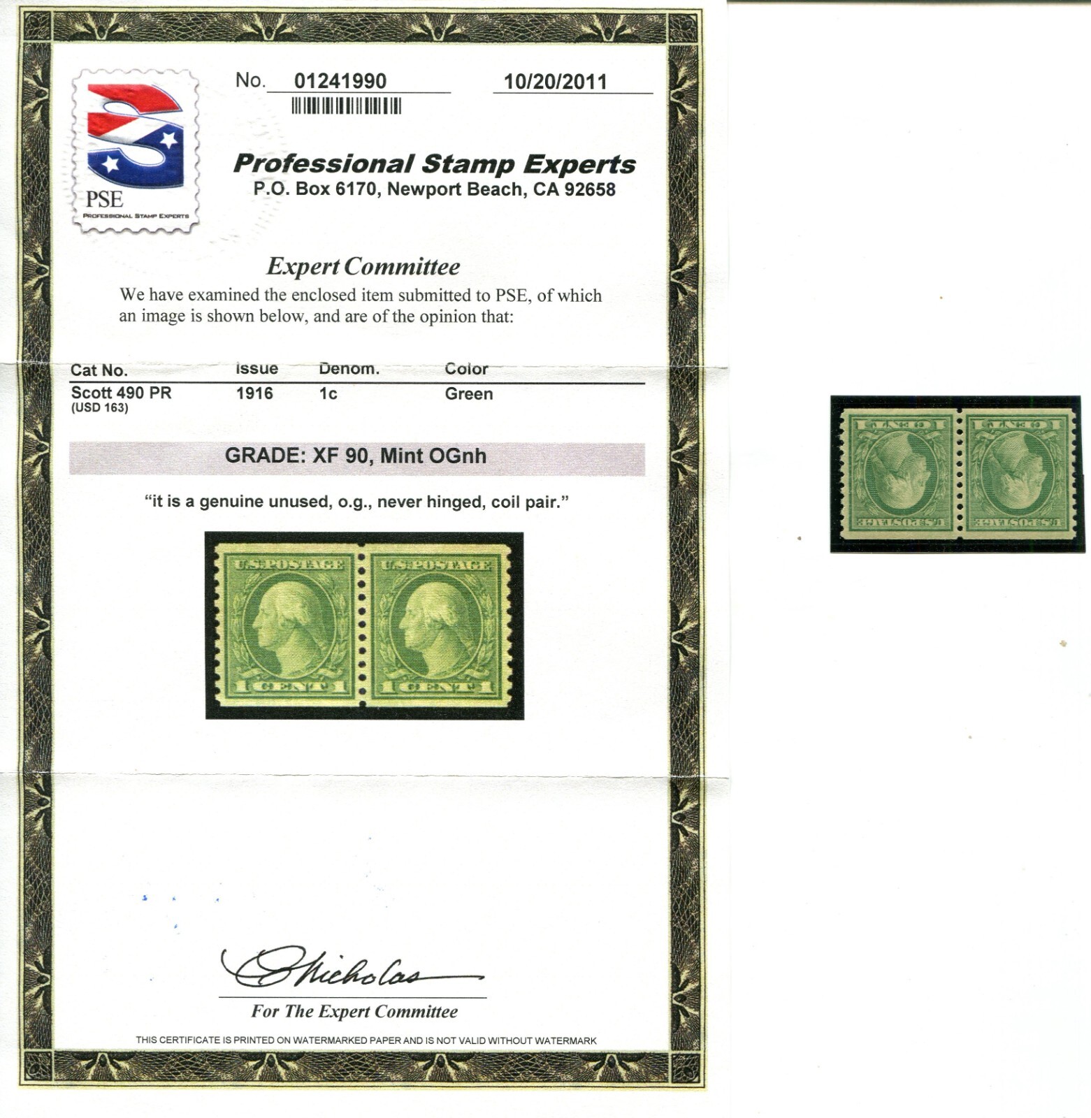 US Scott 490 Pair with clean PSE Grade of XF-90) Mint OGnh... | eBay