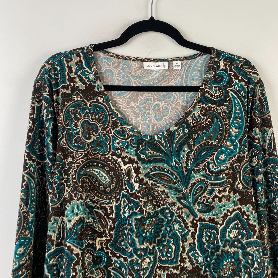 Susan Graver Printed Liquid Knit V-neck 3/4 Sleeve Top Size XL Paisley ...