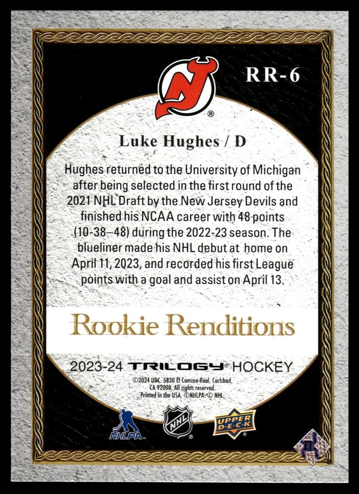 2023-24 Upper Deck Trilogy Luke Hughes Rookie Renditions #RR-6 | eBay