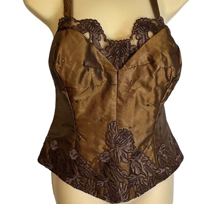 NEW Sz 16 Corset Bustier SATIN Bronze Boned Zip Sequins Lace Steampunk ...