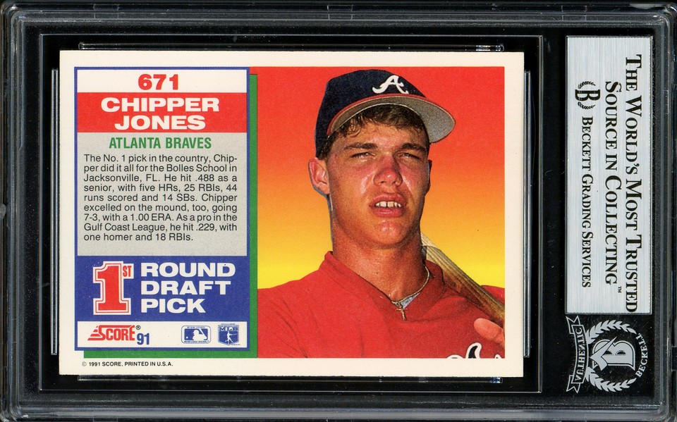 CHIPPER JONES AUTOGRAPHED 1991 SCORE ROOKIE CARD #671 BRAVES BECKETT ...