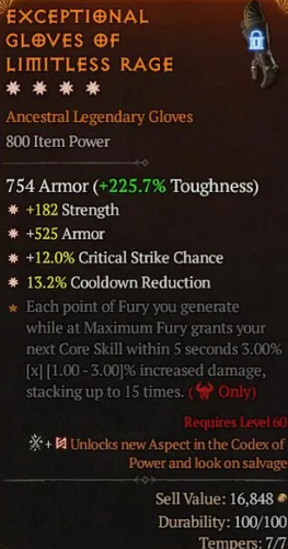 Diablo 4 Eternal 4GA Gloves 182 Strength 525 Armor 12% Critical chance ...