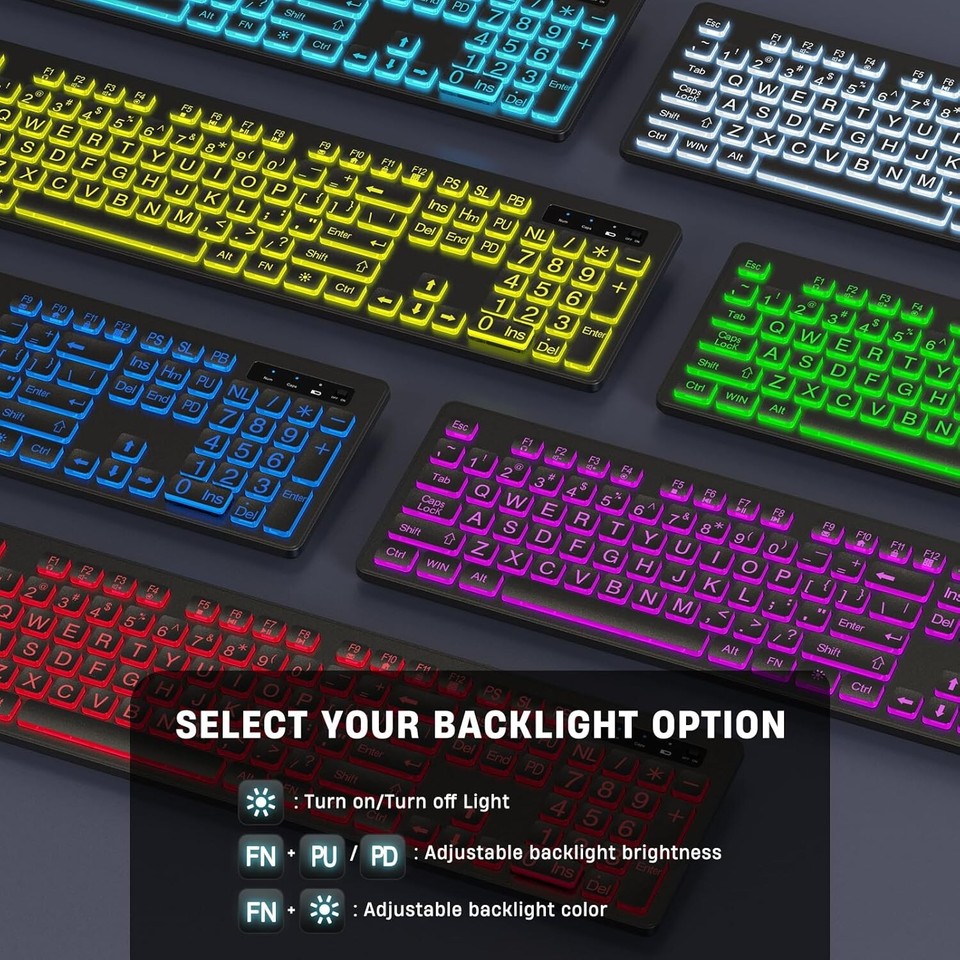 Large Print Backlit Wireless Keyboard, 2.4G Silent Wireless Light Up ...