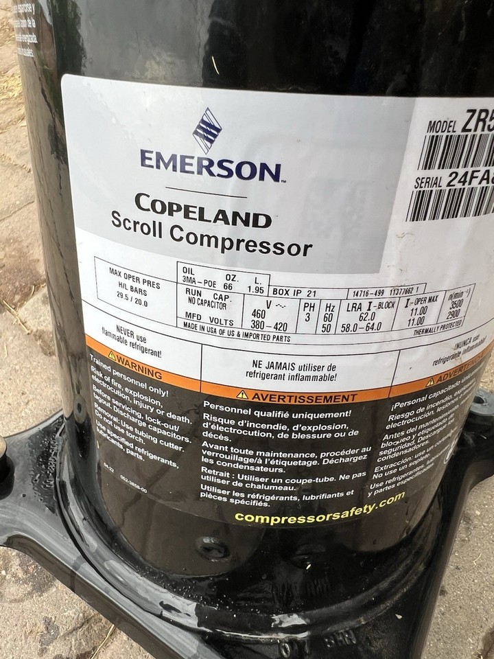 COPELAND SCROLL COMPRESSOR model ZR57K3E - TFD - 950 Year 2024 460v 3 ...