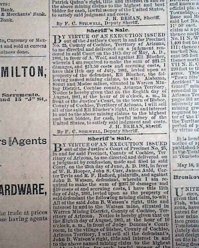 Rare TOMBSTONE EPITAPH Pre Gunfight at the O.K. Corral AZ Arizona 1881 ...