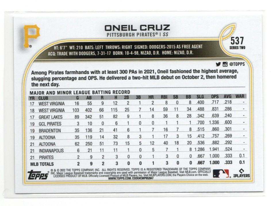 2022 Topps Series 2 Oneil Cruz Gold Foil Rookie RC #537 Pirates Y878 | eBay