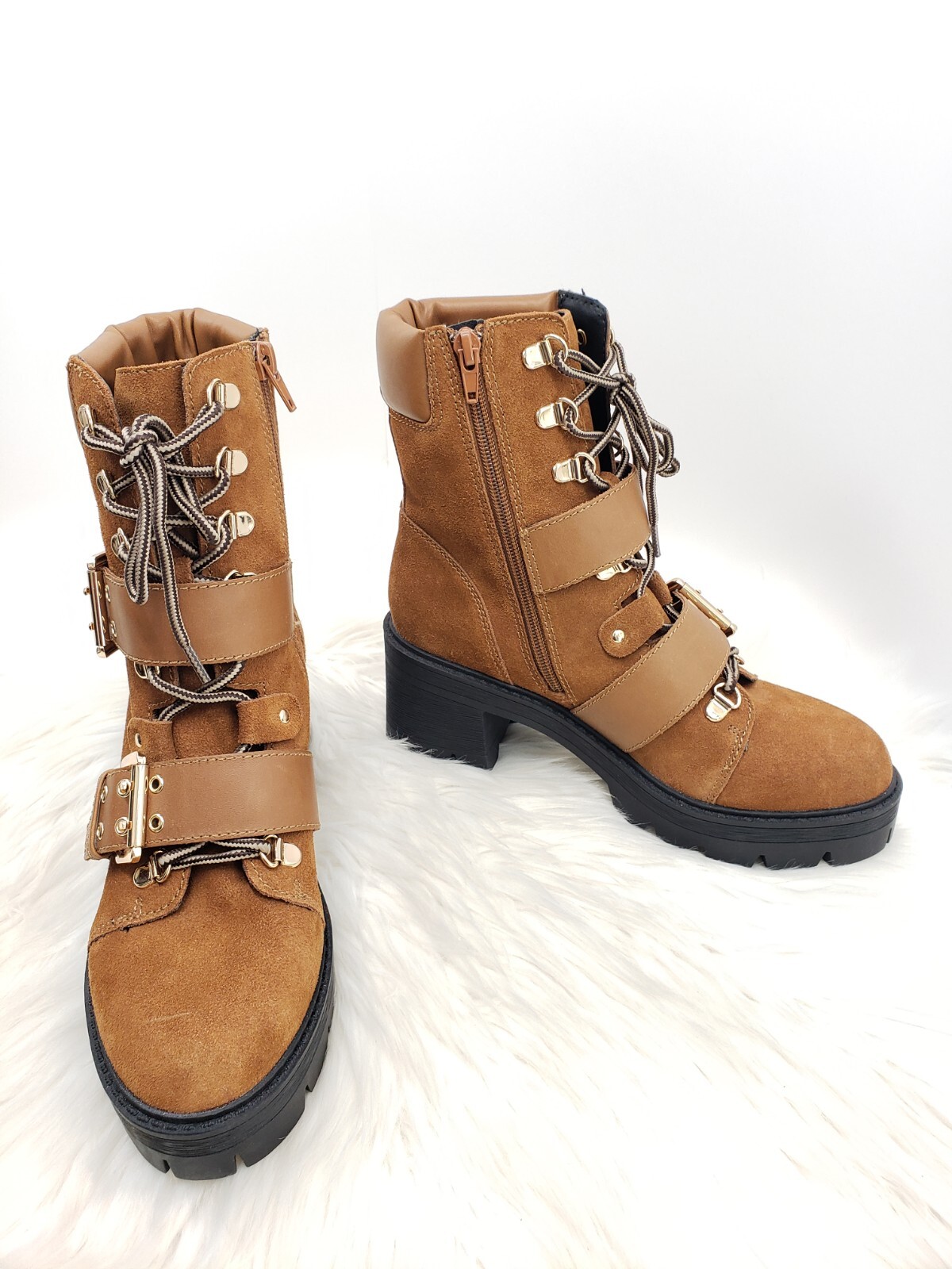 🌺AQUA Genie Buckle Hiker Leather Biker Boots Cognac … - Gem