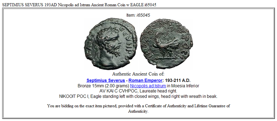SEPTIMIUS SEVERUS 193AD Nicopolis ad Istrum Ancient Roman Coin w EAGLE ...