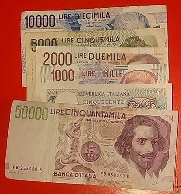 1974-1990 ITALY, L.500, 1000, 2000, 5000, 10.000, 50.000 lire banknote ...