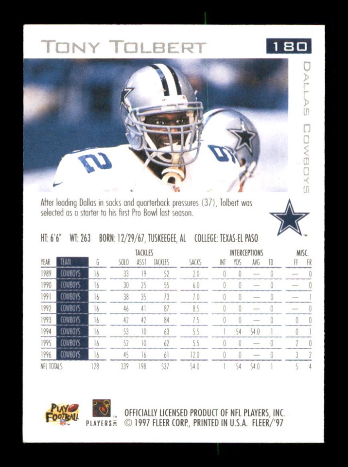 1997 Football Fleer Tony Tolbert Dallas Cowboys #180 | eBay