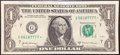 2017 A Fancy Serial Number Star Note 4 in a row 7's Trailing G06187777 ...