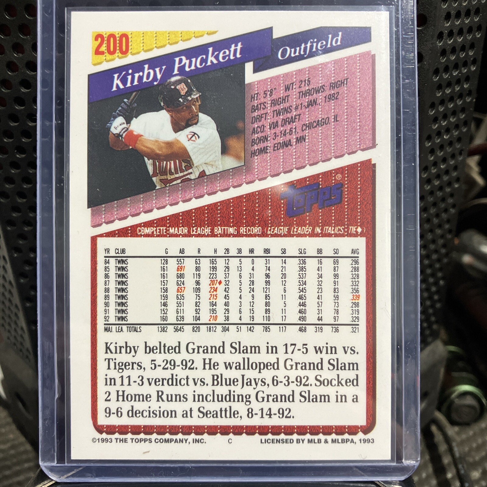 1993 Topps - #200 Kirby Puckett **PRINT ERROR** Wrong DOB!!! 🔥 Mint ...
