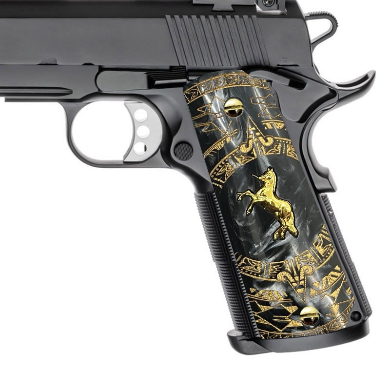 1911 Grips COLT Springfield Pearl Aztec Motif Gold Horse Medallion W ...