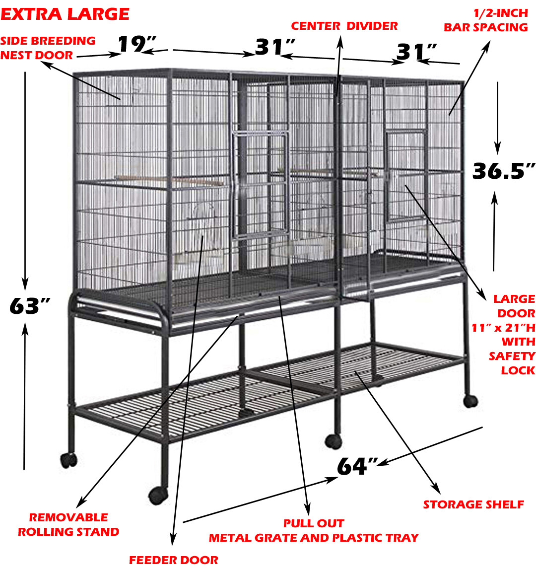 Cockatiel Breeder Cages Double X LARGE Flight Bird Breeding Rolling