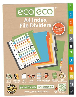Ecoeco A4 Recycled Plastic Index File Folder Dividers–12 Part Subject ...
